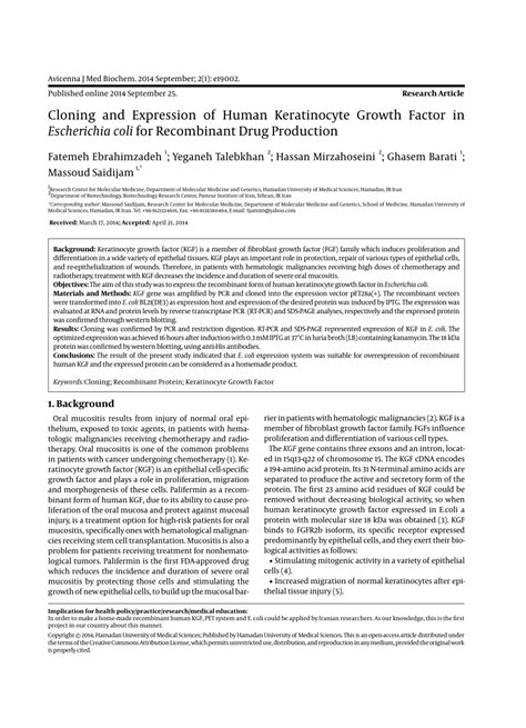 Pdf Cloning And Expression Of Human Keratinocyte Growth Factor In Escherichia Coli For