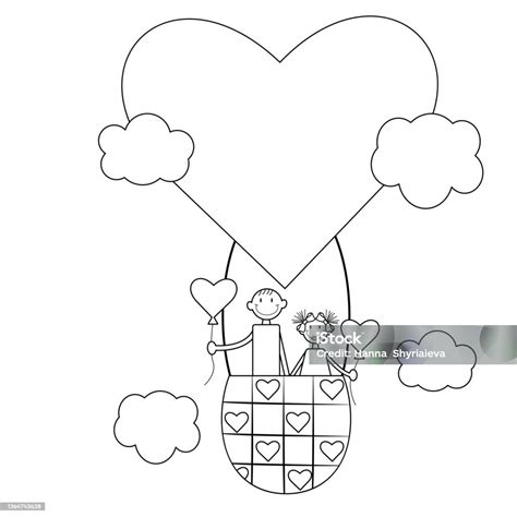 윤곽 스타일 흑백 소녀와 소년은 열기구 발렌타인 스카이 벡터 디자인 사랑에 부부의 사랑 이야기에서 비행하고 있습니다 행복한 연인은 야외에서 자유 시간을 보낸다 귀여운에 대한