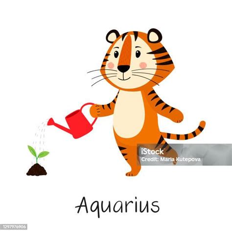 조디악 사인 물병자리 물에서 귀여운 호랑이 물 식물 수 있습니다 2022 년 별자리의 개념 중국 달력에 따라 호랑이의 년 벡터 스톡 플랫 핸드 그린 일러스트레이션 은