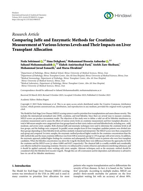 Pdf Comparing Jaffe And Enzymatic Methods For Creatinine Measurement At Various Icterus Levels