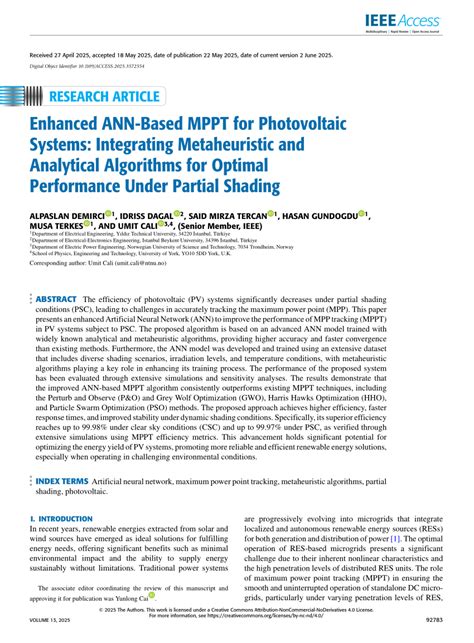 Pdf Enhanced Ann Based Mppt For Photovoltaic Systems Integrating Metaheuristic And Analytical