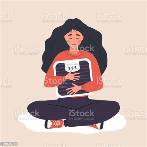 섭식 장애 슬픈 소녀는 체중계를 껴안고 과체중에 대해 걱정합니다 음식 중독 폭식증 또는 거식증 개념 평면 만화 스타일의 벡터 그림 폭식증에 대한 스톡 벡터 아트 및 기타