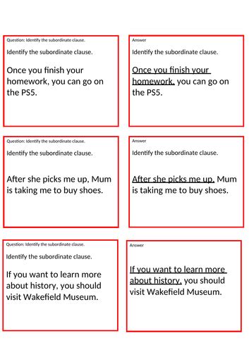 Subordinate Clause Quiz Cards Teaching Resources