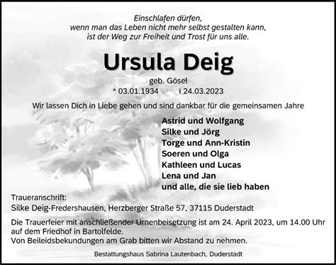 Traueranzeigen Von Ursula Deig Trauer Anzeigen De