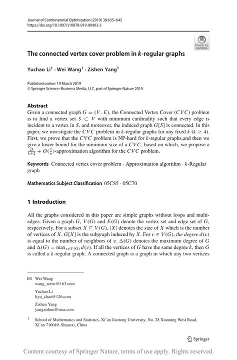 The Connected Vertex Cover Problem In K Regular Graphs Request Pdf