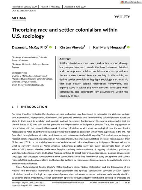 Sociology Compass 2020 Mckay Theorizing Race And Settler Colonialism Within U S Sociology