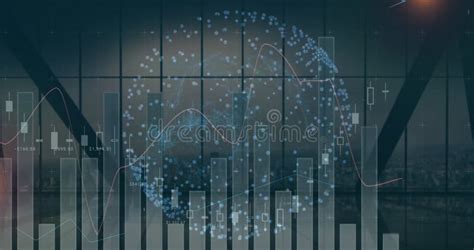 Animation Of Graphs Connected Dots Globe Over Glass Window Against