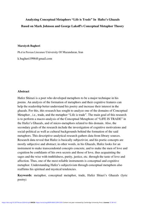 Pdf Analyzing The Conceptual Metaphor “life Is Trade” In Hafezs Ghazals Based On Mark Johnson