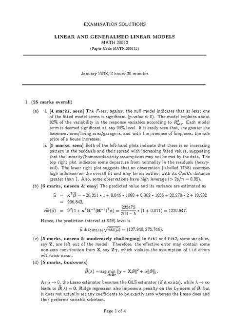 linear and generalised linear models exam solutions 2018 examination