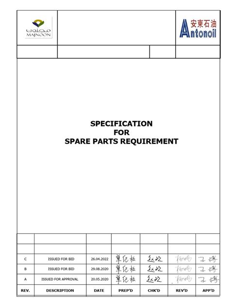 Maj Gen 01 Mec Spc 0001 C Specification For Spare Parts Requirement