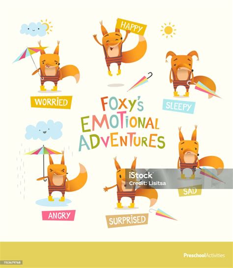 폭 시 S 감정적인 모험 귀여운 만화 여우의 스트라이프 팬츠로 다양 한 감정을 표현 긍정적이 고 부정적인 감정의 개념을 처리 교육용 배너 엽서에 대 한 벡터 일러스트입니다