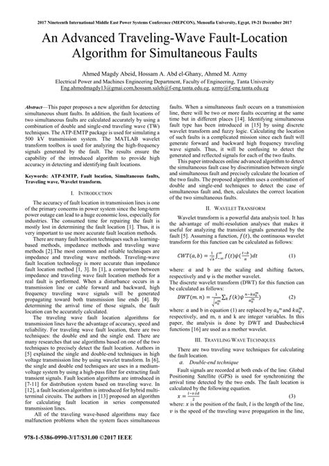 PDF An Advanced Traveling Wave Fault Location Algorithm For Simultaneous Faults