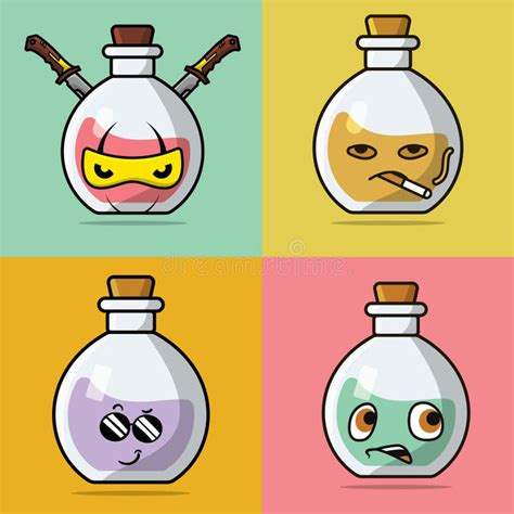 Collection Of Potion Bottles With Cartoon Face Vector Illustration
