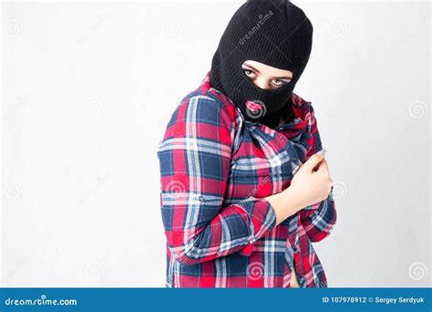 Bandit Girl Fat Model In Balaclava Woman Plus Size In Shirt Posing