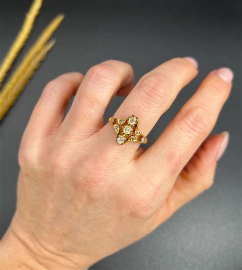 Antique 18ct Yellow Gold Art Nouveau Three Stone Cushion Cut Diamond Ring For Sale At 1stdibs