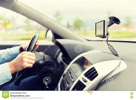 Close Up Of Man With Gps Navigator Driving Car Stock Image Image Of Male Internet 79577773