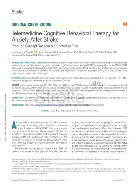 Pdf Telemedicine Cognitive Behavioral Therapy For Anxiety After Stroke Proof Of Concept
