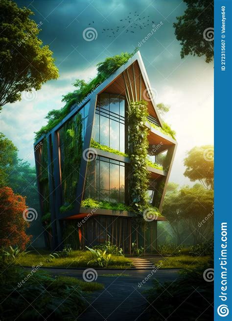Artistic Rendering Of House In The Middle Of Forest With Plants Growing On The Side Of It