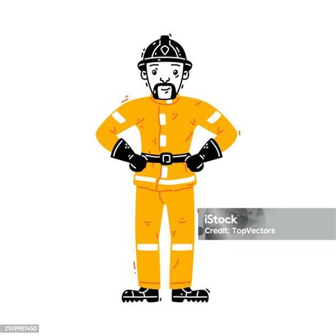 남자 소방관 캐릭터 에서 헬멧 와 제복 서 와 미소 짓는 벡터 일러스트 개념에 대한 스톡 벡터 아트 및 기타 이미지 Istock