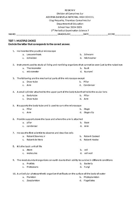 Science 7 2nd Quarter Periodical Exam Multiple Choice And Enumeration
