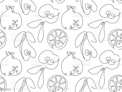 연속 한 줄 그리기 과일 솔기 패턴 추상핸드그린과일이 한 줄씩 그려져 있습니다 미니멀 한 블랙 라인 스케치 벽지 섬유 포장 포장지에 대한 유행 추세 벡터 레몬에 대한 스톡