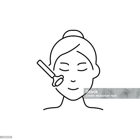 스킨 케어 절차 및 롤러 라인 아이콘이있는 얼굴 마사지 Jade Roller For Facial Massage And Relaxation Outline 아이콘입니다 뷰티