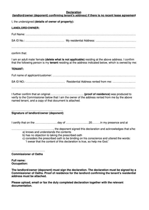 Declaration Landlord Owner Deponent Confirming Tenant S Address If There Is No Recent Lease
