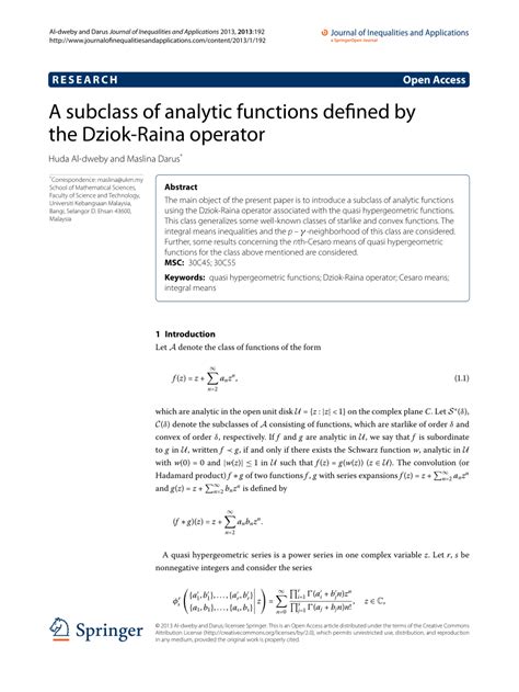 Pdf A Subclass Of Analytic Functions Defined By The Dziok Raina Operator