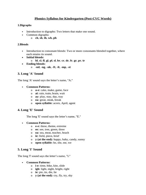 Phonics Syllabus For Kindergarten Pdf