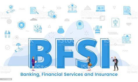 Bfsi 은행 금융 서비스 및 보험 개념에는 큰 단어와 파란색 스타일로 관련 아이콘으로 둘러싸인 사람들이 있습니다 개념에 대한 스톡 벡터 아트 및 기타 이미지 Istock