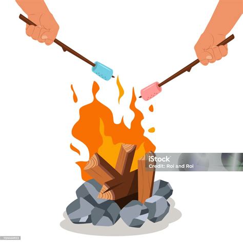 Api Unggun Dan Panggang Marshmallow Pada Tongkat Di Tangan Ikon Api