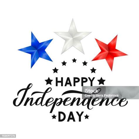빨간색 파란색과 흰색 3d 별행복 독립 기념일 서예 문자입니다 7 월 4 일 축하 포스터 벡터 일러스트레이션 로고 디자인 인사말 카드 배너 전단지를위한 템플릿을 편집하기