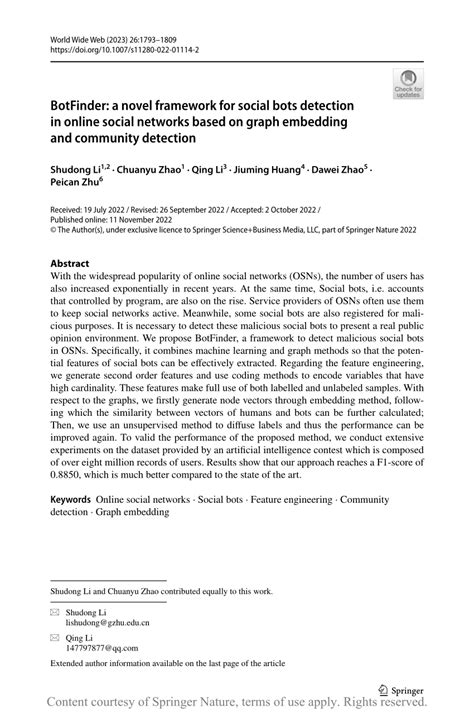 Botfinder A Novel Framework For Social Bots Detection In Online Social Networks Based On Graph