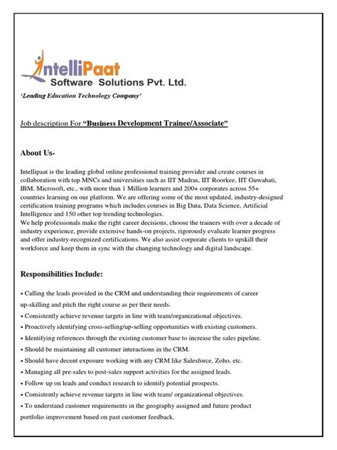 Jd Of Intellipaat Software Solution Pvt Ltd Pdf Customer Relationship Management Business