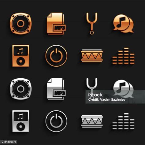 전원 버튼 말풍선의 음표 이퀄라이저 드럼 플레이어 소리굽쇠 스테레오 스피커 및 Mp3 파일 문서 아이콘을 설정합니다 벡터 Mp3