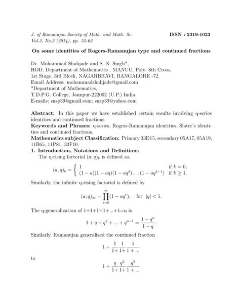 PDF On Some Identities Of Rogers Ramanujan Type And Continued Fractions
