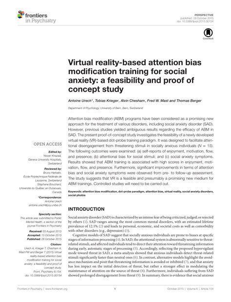 Pdf Virtual Reality Based Attention Bias Modification Training For Social Anxiety A