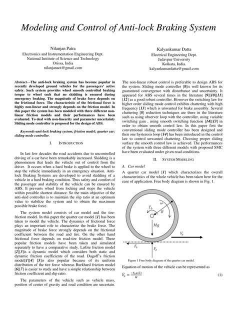 Pdf Modeling And Control Of Anti Lock Braking System