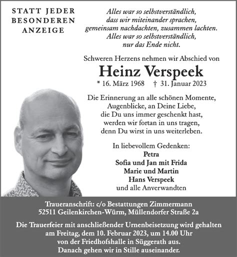 Traueranzeigen Von Heinz Verspeek Aachen Gedenkt