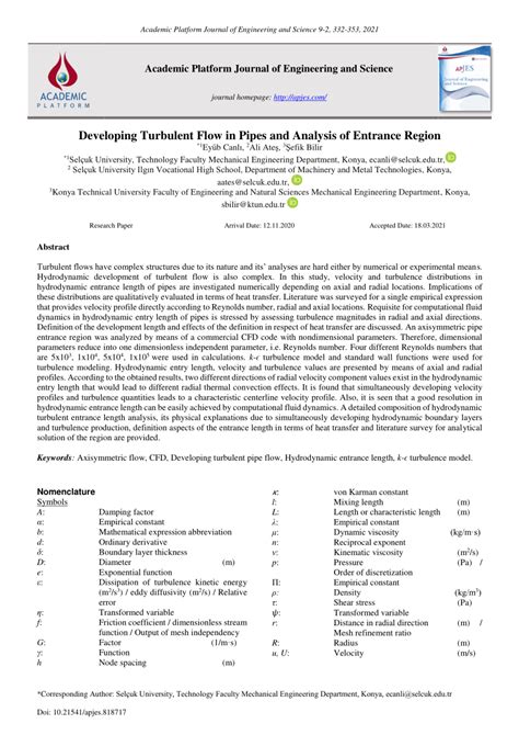PDF Developing Turbulent Flow In Pipes And Analysis Of Entrance Region