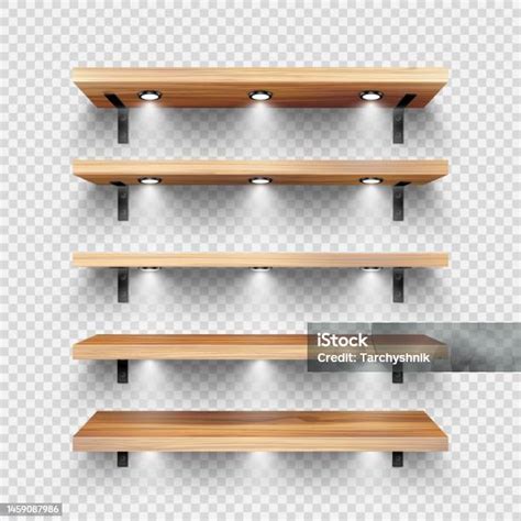 벽걸이와 조명 스포트라이트가 있는 현실적인 나무 상점 선반 빈 제품 선반 식료품 벽 선반 쇼핑몰 및 슈퍼마켓 가구 책장 인테리어 디자인 벡터 그림 0명에 대한 스톡 벡터