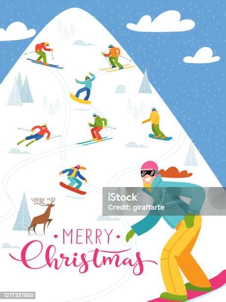 Poster Resor Ski Dengan Orangorang Melakukan Olahraga Musim Dingin Ilustrasi Stok Unduh Gambar