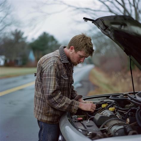 Man Trying To Fix A Car Engine Problem On A Local Road Premium Ai