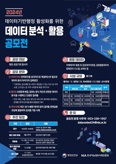 한국지능정보사회진흥원 📢2024년 데이터 분석·활용 공모전🏆 안내 한국지능정보원에서는 📊데이터기반행정 활성화를 위하여