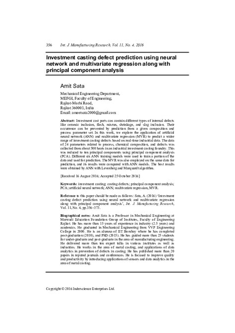 Pdf Investment Casting Defect Prediction Using Neural Network And Multivariate Regression