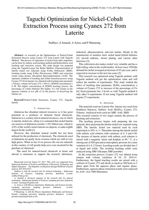 Pdf Taguchi Optimization For Nickel Cobalt Extraction Process Using Cyanex 272 From Laterite