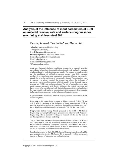 Pdf Analysis Of The Influence Of Input Parameters Of Edm On Material