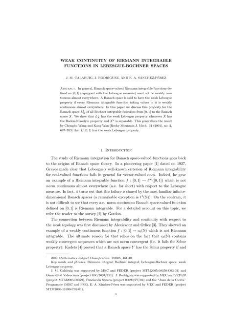 Pdf Weak Continuity Of Riemann Integrable Functions In Lebesgue Bochner Spaces