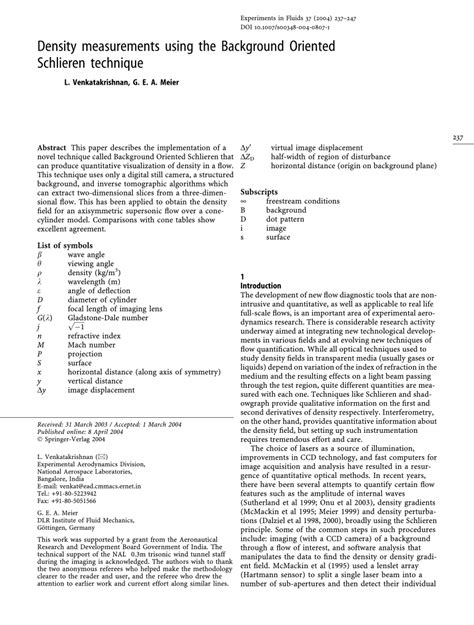 Pdf Density Measurements Using The Background Oriented Schlieren Technique
