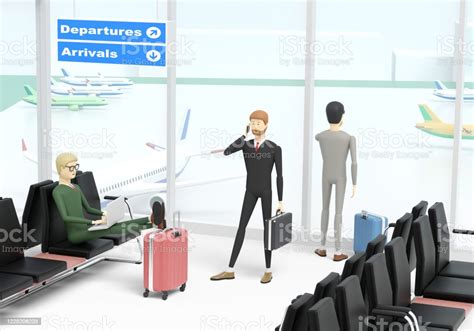 세 명의 사업가가 공항 대기실에서 비행기를 기다리고 있습니다 3d 일러스트레이션 3 명에 대한 스톡 사진 및 기타 이미지 3 명 가방 개념 Istock